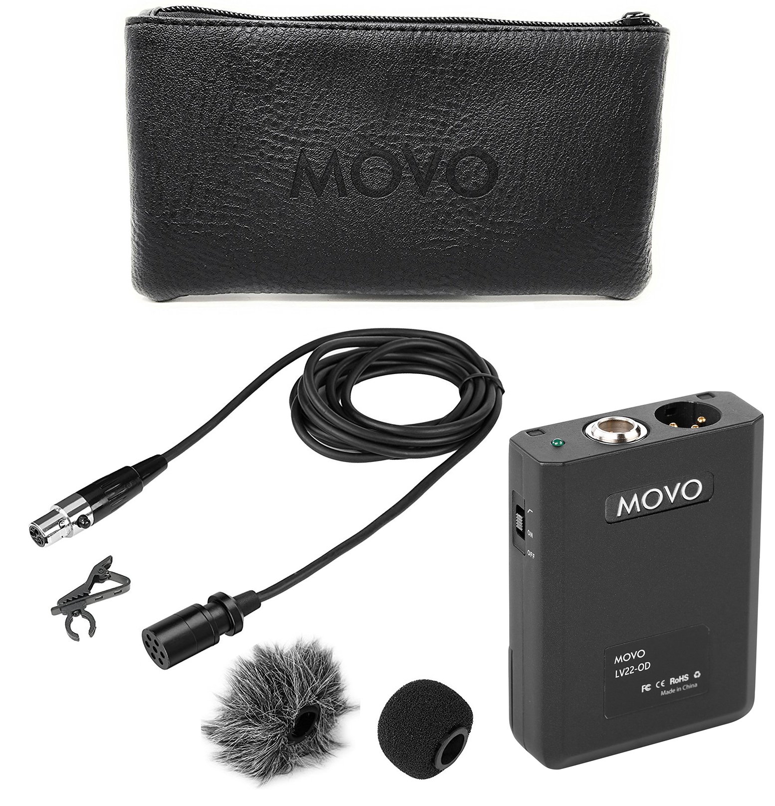 Movo LV22OD XLR Lavalier Omnidirectional Condenser Microphone with Phantom Power Supply Body Pack, 12mm Mic Capsule, Foam and Deadcat Windscreens, Deluxe Case