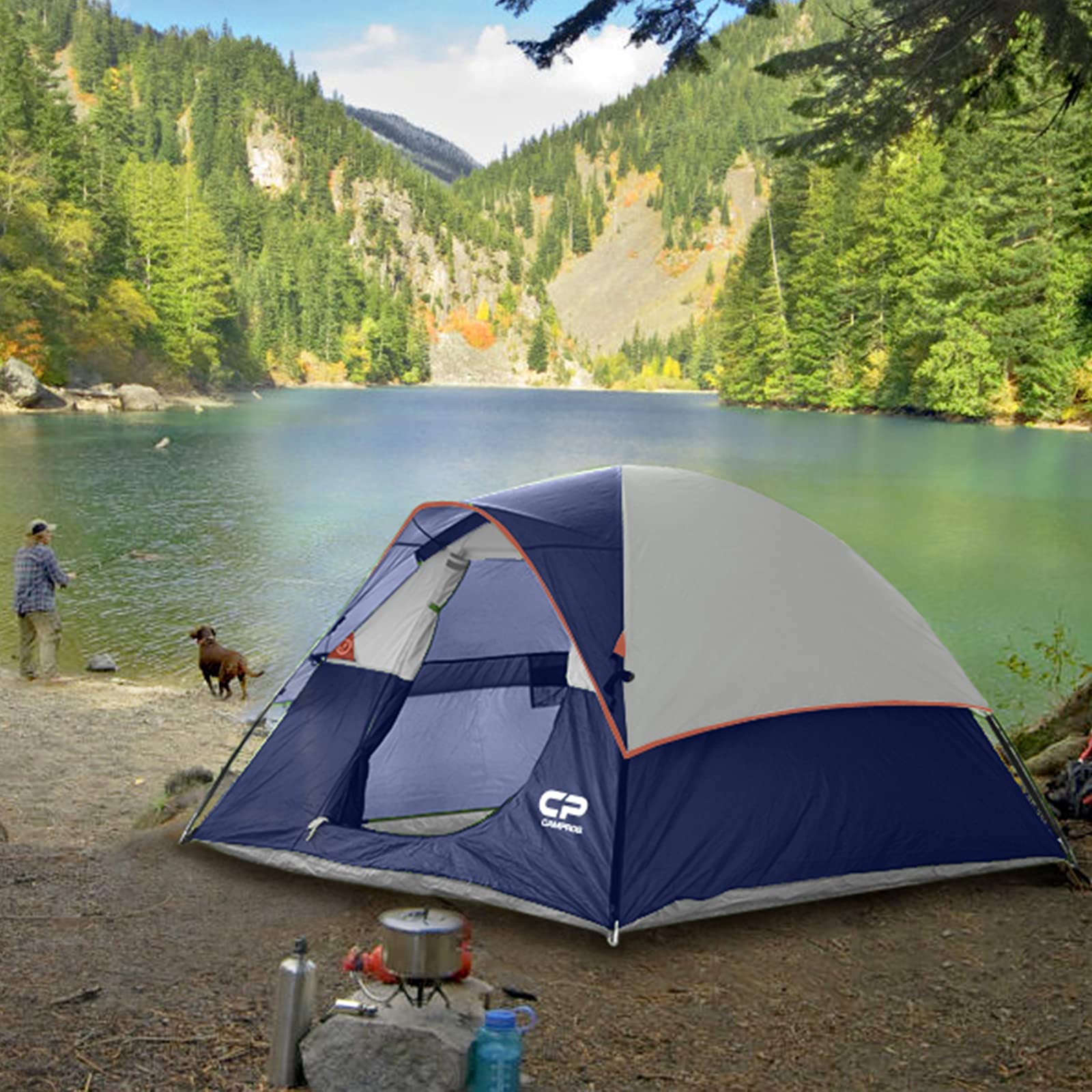CAMPROS Tent-3-Person-Camping-Tents, Waterproof Windproof Backpacking Tent with Top Rainfly, Easy Set up Small Lightweight Dome Tents, for All Seasons Hiking Beach Outdoor with 3 Mesh Windows - Blue