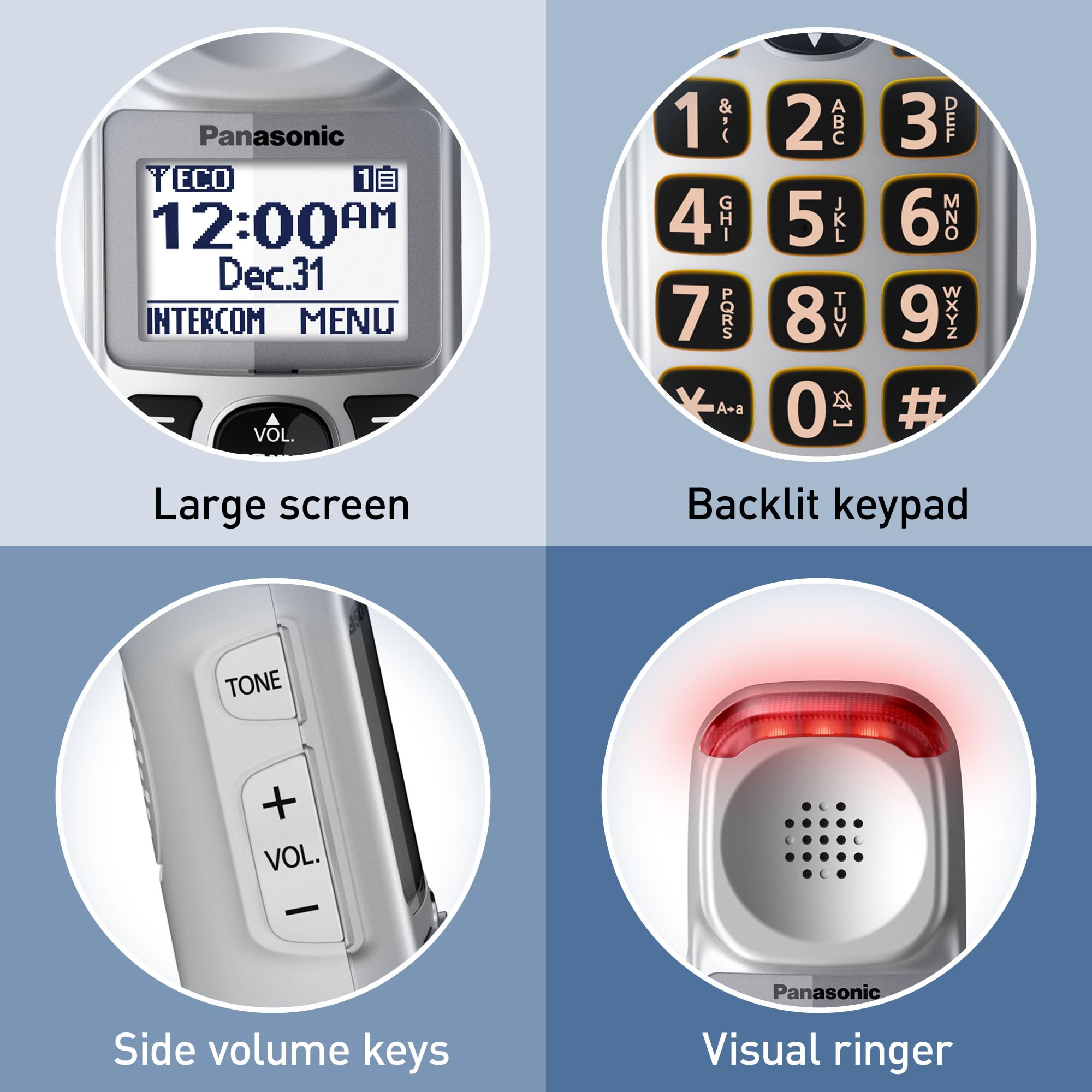 Panasonic Amplified Cordless Phone with Slow Talk, 50dB Volume Boost, 112dB Lound Visual Ringer, Hearing Aid Compatibility, Large Screen and Backlit Keypad - KX-TGM450S - 1 Handset (Silver)