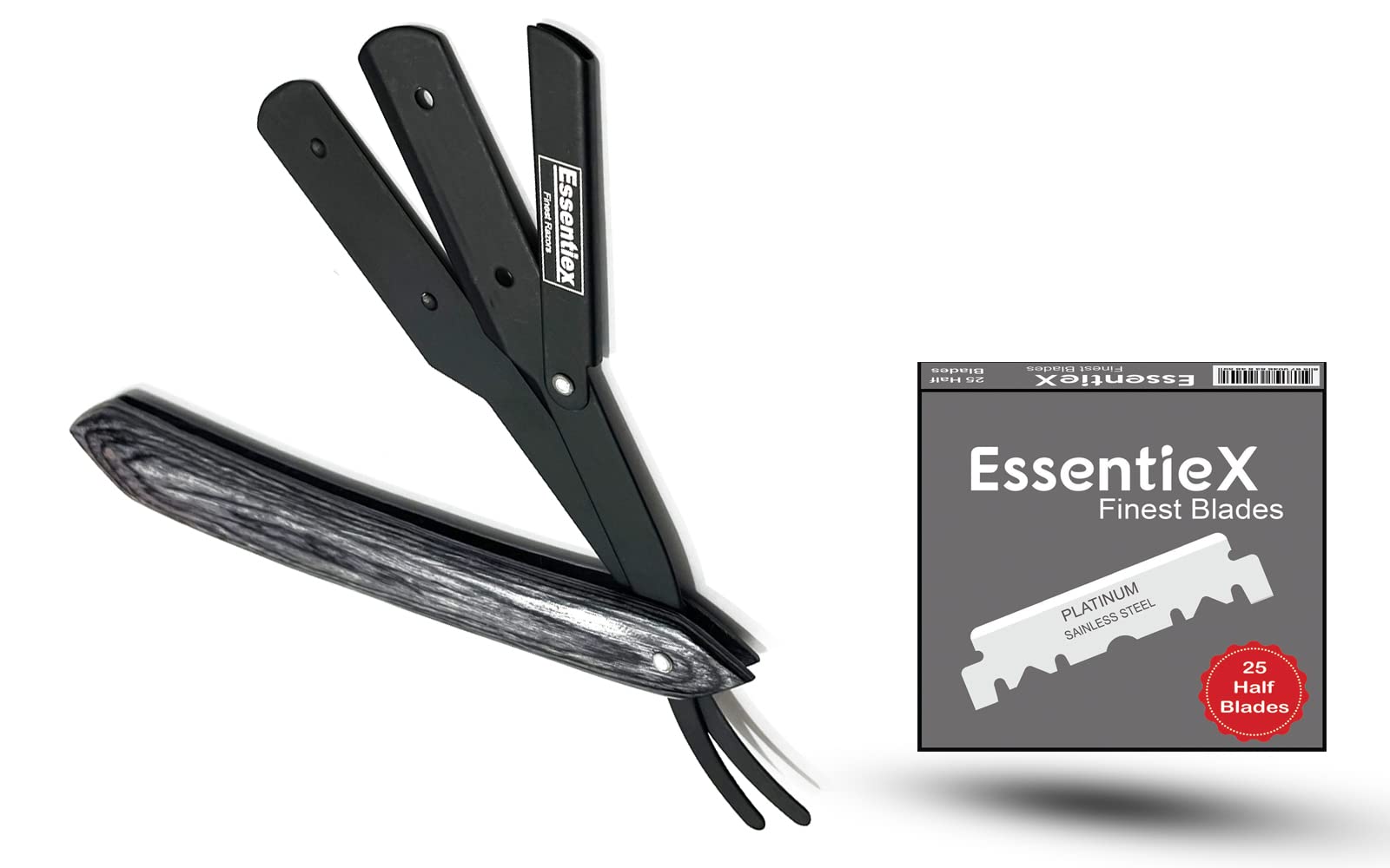 EssantieX Barber Stright Edge Razor For Men Satinless Steel With 25 Half Baldes⦠(Black Head Wood Handle)