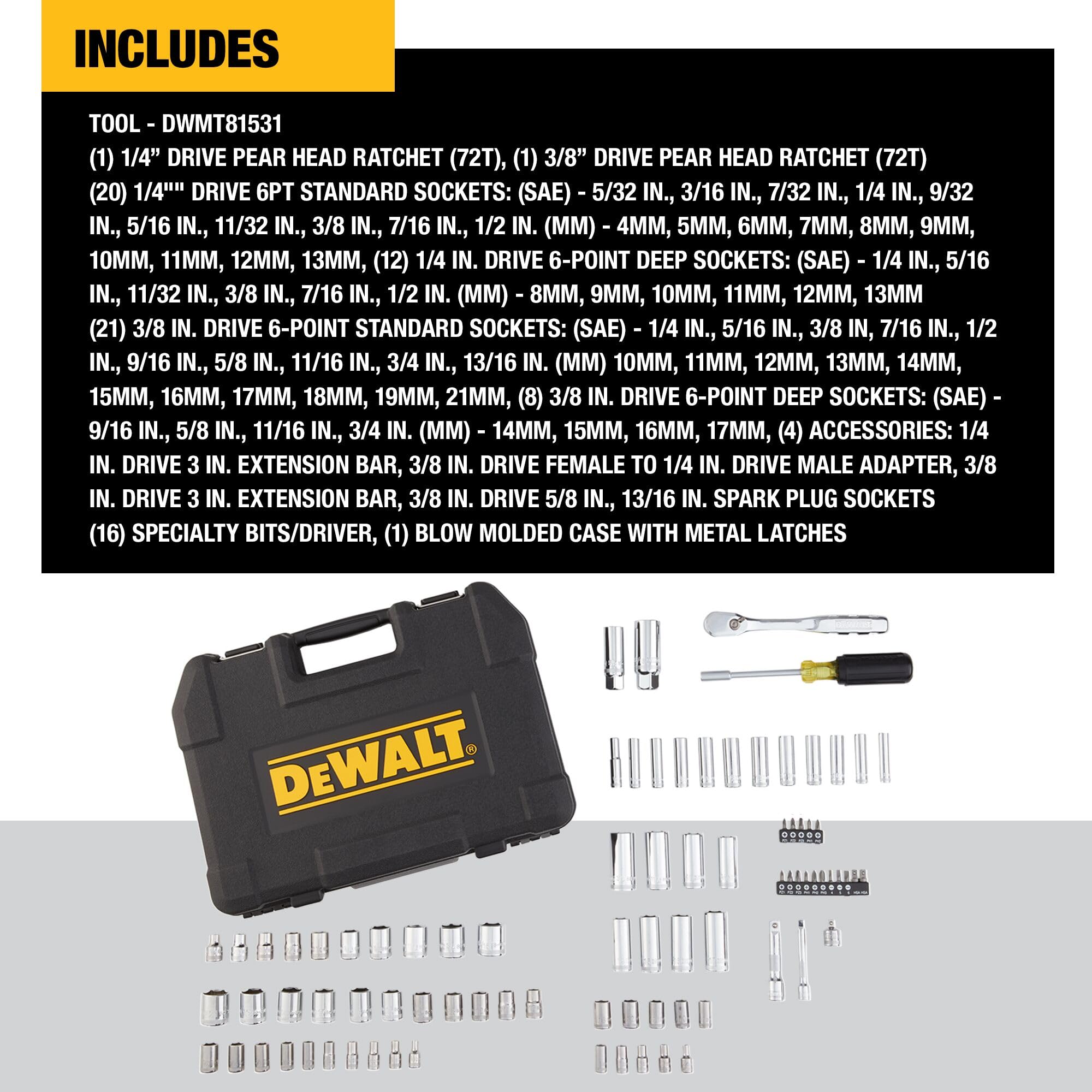 DEWALT Mechanics Tool Set, Includes Ratchets, Drill Bits and Anti-Slip Screwdriver, 84 Piece (DWMT81531)