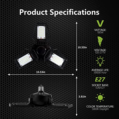 Pinegreen Lighting Garage Light, 50W LED Shop Light, 6000LM 5000K Daylight LED Garage Ceiling Lights with 3 Adjustable Panels Deformable Garage Lighting E26 Base (2 Pack)