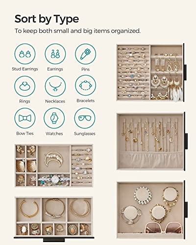 SONGMICS Jewelry Box with Glass Window, 5-Layer Jewelry Organizer with 3 Side Drawers, Jewelry Storage, with Vertical Storage Space, Big Mirror, Modern Style, Graphite Black and Silver UJBC162B01