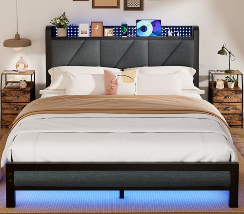 Furnulem Queen Size Bed Frame with LED Lights,Upholstered Storage Headboard with Charging Station and USB Port, Platform Bedframe Queen No Box Spring Needed, Noise Free