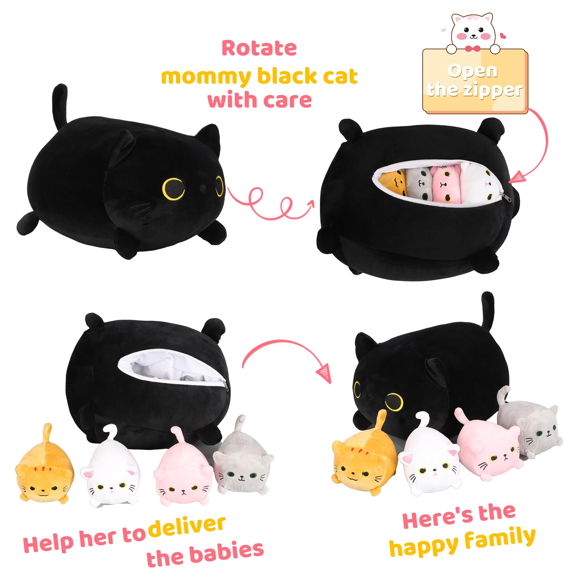 Cat Stuffed Animals, Cute Black Cat Plush Mommy with 4 Kitty Plushies Inside Tummy, 5Pcs Soft Cat Plush Pillow Toys, Gift Present Animal Pillows for Kids Girls Boys