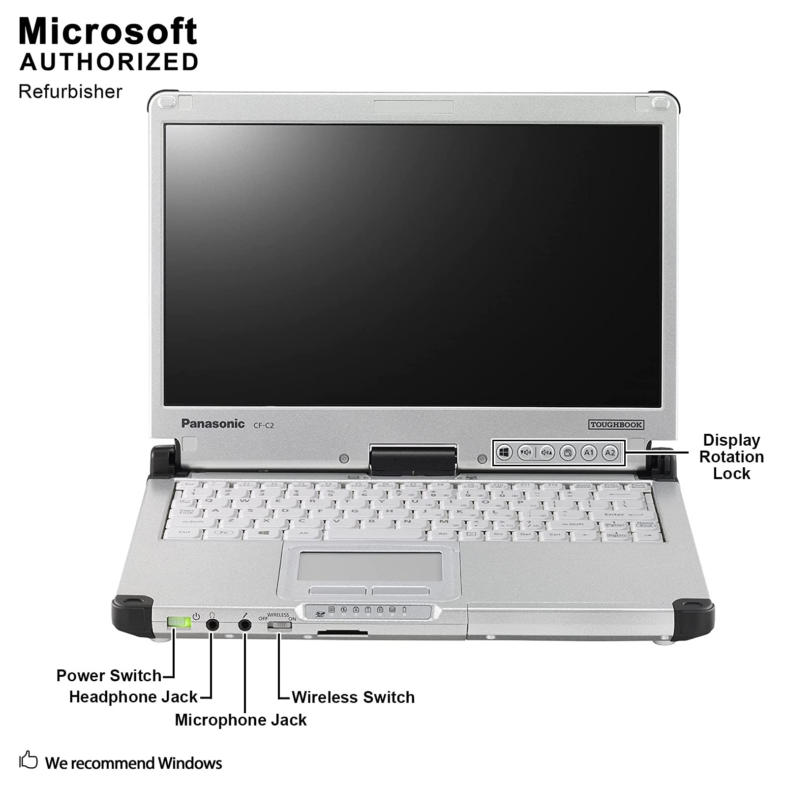 Panasonic Toughbook CF-C2 12.5 Inch Laptop , Intel Core i5 4300U up to 2.9GHz, 8G DDR3L, 480G SSD, WiFi, USB 3.0, VGA, HDMI, Windows 10 64 Bit-Multi-Language, English/Spanish/French(CI5) (Renewed)