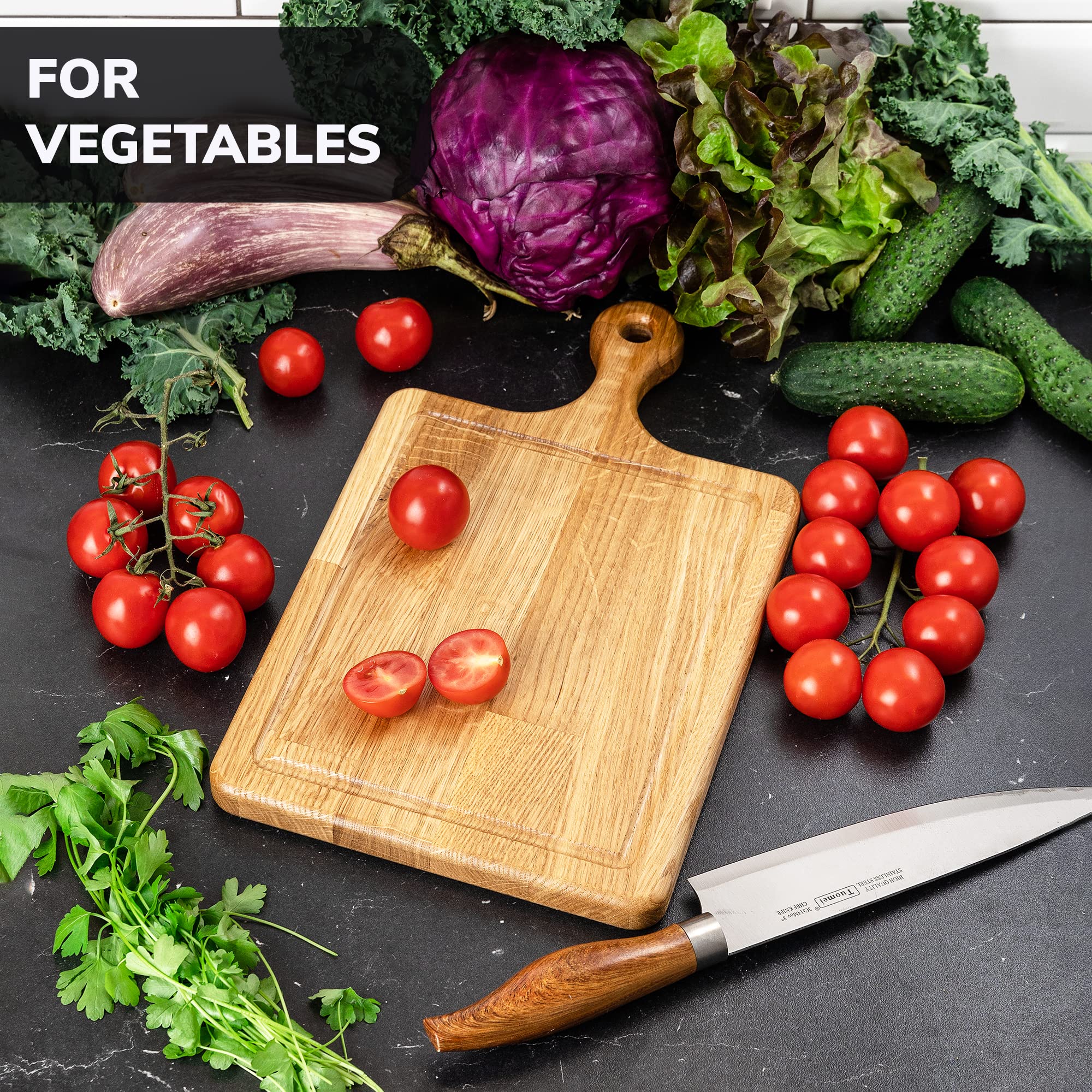 Cutting Board - 13.5x8 Inches Small Wood Cutting Board with Handle - Oak Cutting Board - 20 mm Thin Cutting Board - Real Wood Cutting Board - Chopping Board for Kitchen - Edge Grain Oak Wood Board