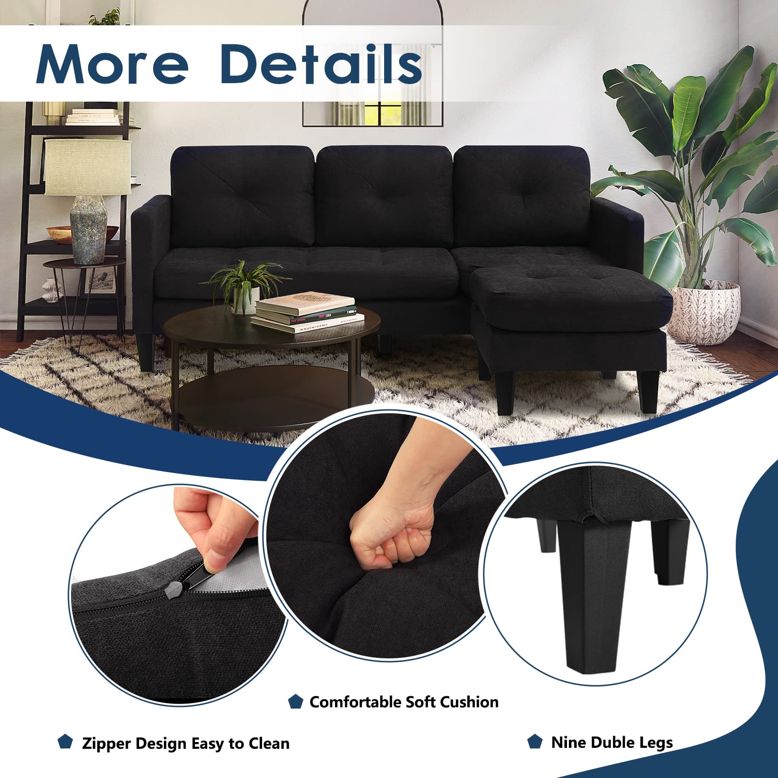 JOVNO Convertible Sectional Sofa Couch, Modern L-Shaped Couch 3-Seat Sofa, Reversible Sectional for Living Room, Apartment and Small Space (Black)