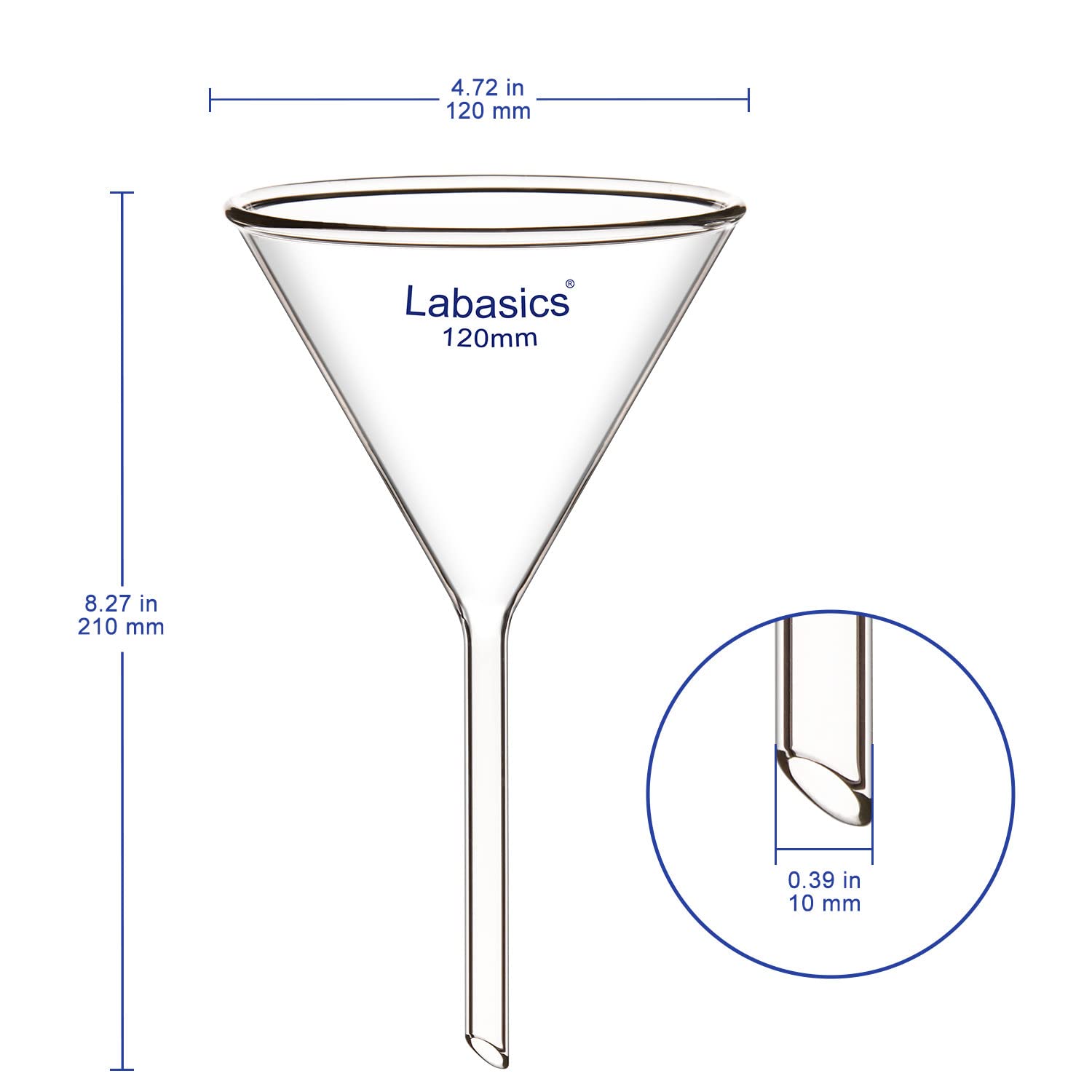 Labasics 2-Pack Glass Heavy Wall Funnel Borosilicate Glass Funnel, Short Stem 120 mm Diameter, 120 mm Stem Length