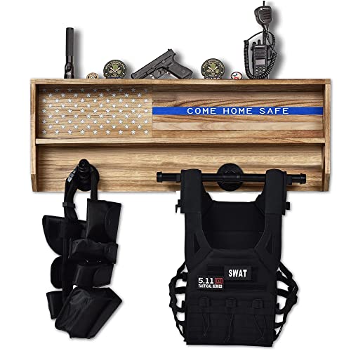 PINKBlUE Personalized Customization Wall Mounted Tactical Duty Gear Rack with Police Flag â Police Storage Shelf & Law Enforcement Organizer-Police Gift Decor, Wood Color-With Storage Layer
