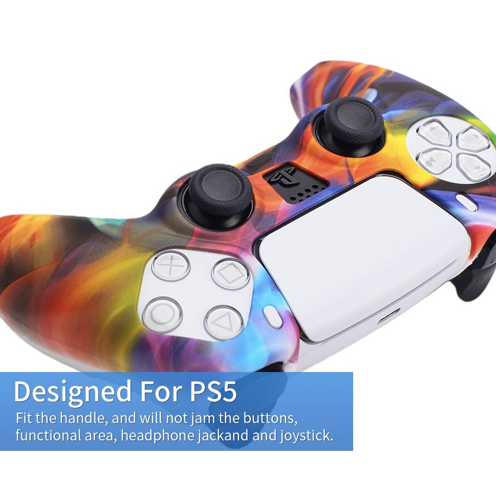 Skin Cover for Sony PS5 Dualsense Controller, Colourful Silicone Protecte Case Printing Cool Flowing Flame, with Pro Thumb Grips x 12