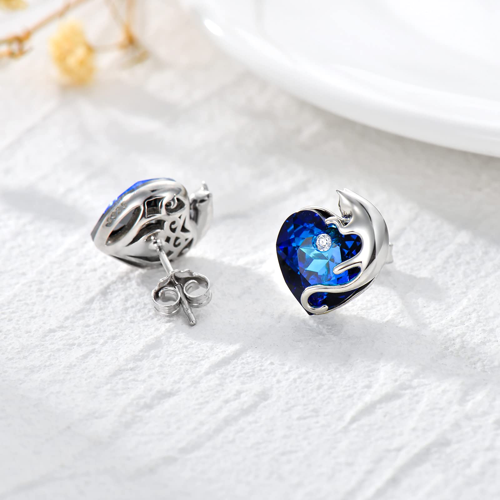 Cat Earrings Sterling Silver Cute Cat Studs Earrings with Ocean Blue Heart Crystals from Austria, Cat Jewelry Gifts for Women Cat Lover