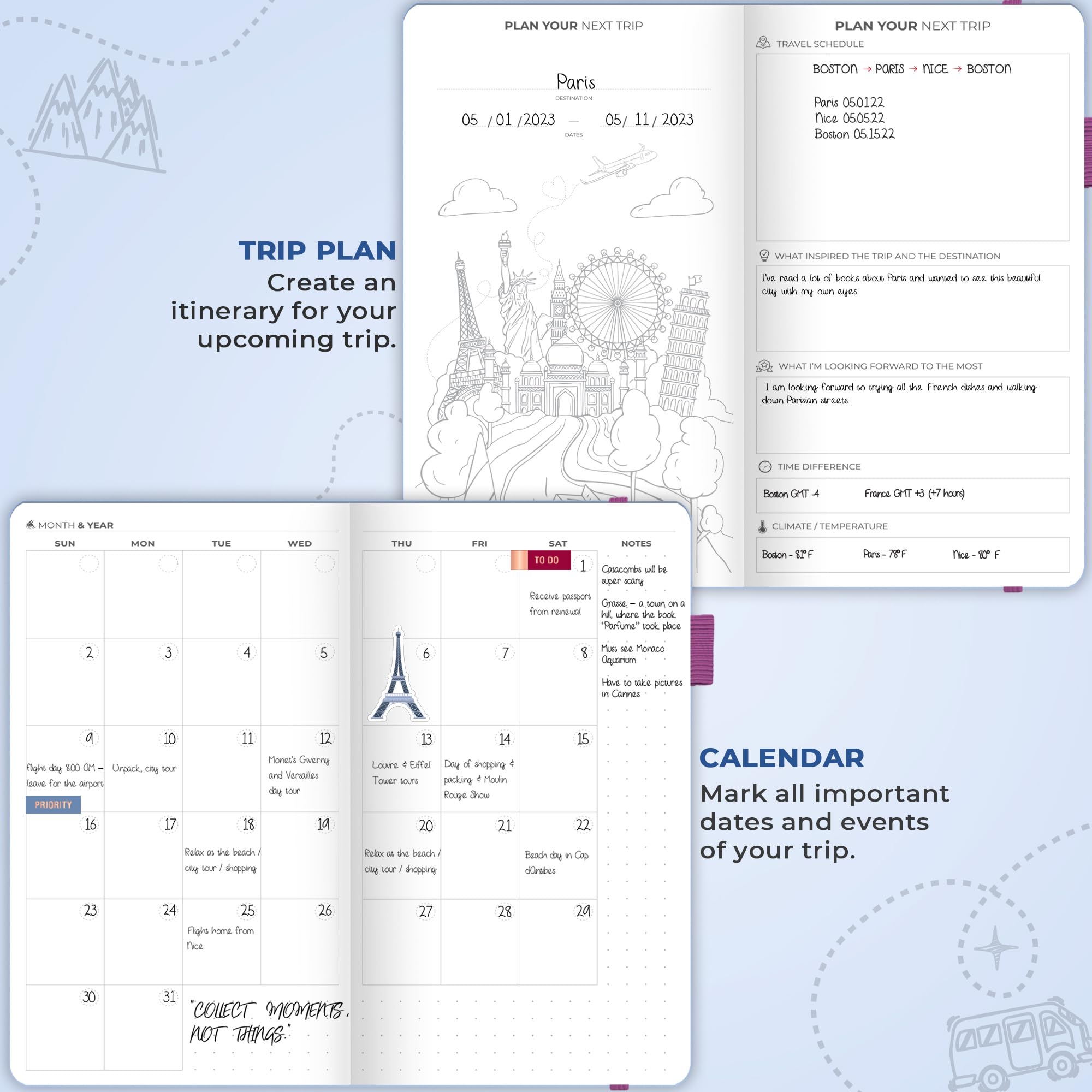 Clever Fox Travel Journal Pocket – Vacation & Road Trip Itinerary Planner Organizer & Traveling Memory Diary – Small Traveler Notebook (Periwinkle)