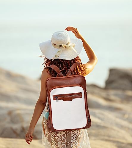 GUETES Leather Laptop Backpack, for Women and Men 15.6 inch Computer Backpack Travel Large Business Work College Daypack, Off White+ Brown