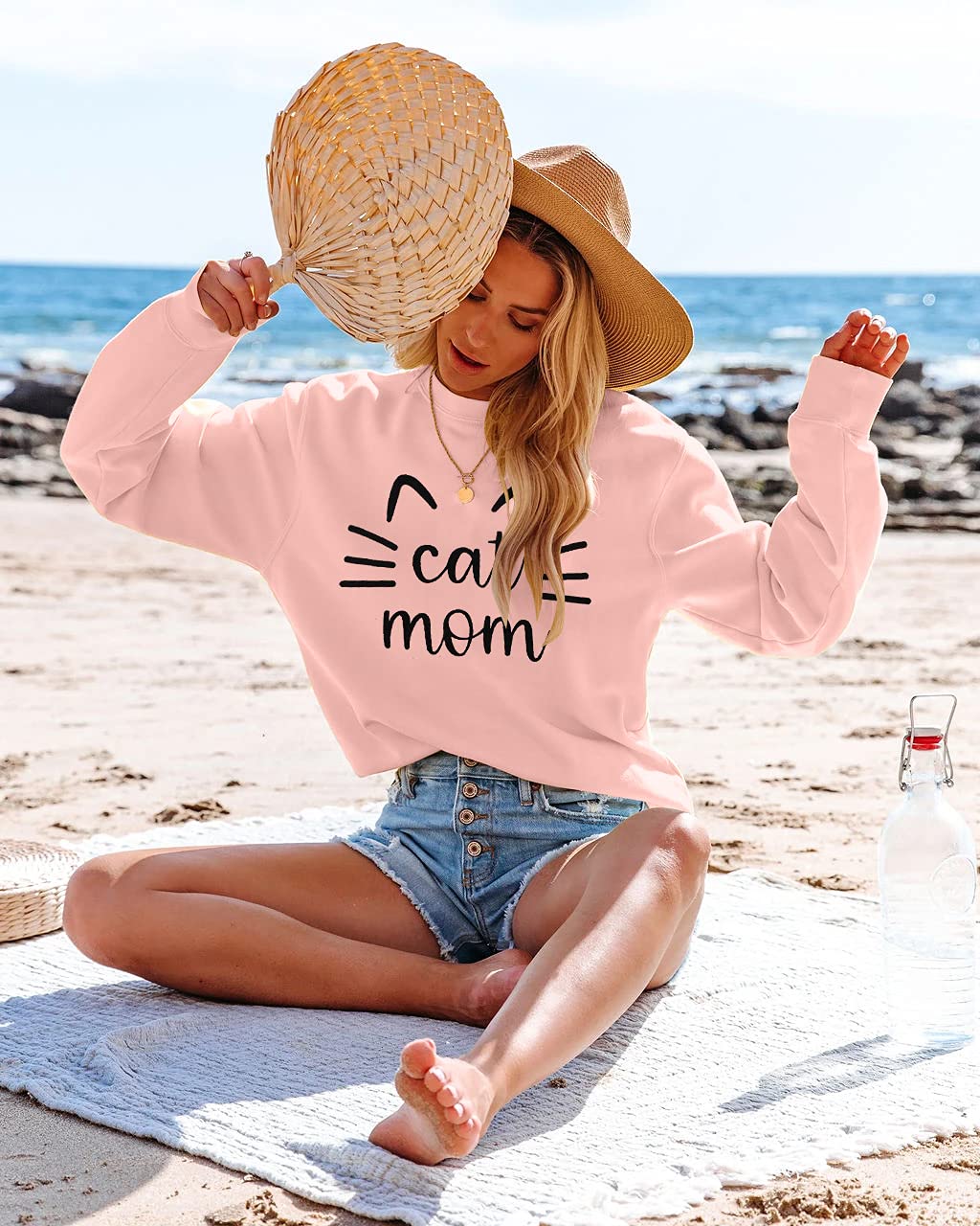 Cat Mom Sweatshirt Women Cat Mama Shirt Cute Cat Long Sleeve Letter Print Tshirt Tops Pink