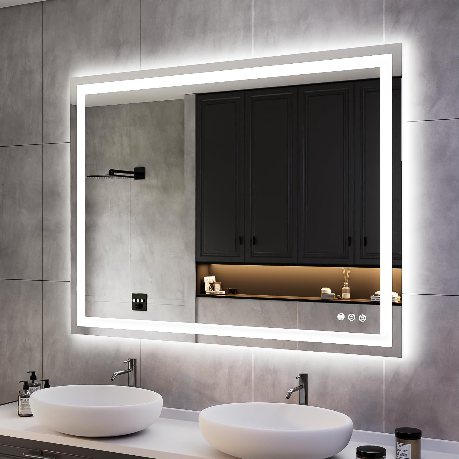 ISKM 48''x36'' LED Bathroom Mirror with Lights - Front and Backlit Lighted Bathroom Vanity Mirror Wall Mounted, Defog, Dimmable, Tempered Glass, Shatterproof, ETL Listed (Horizontal/Vertical)