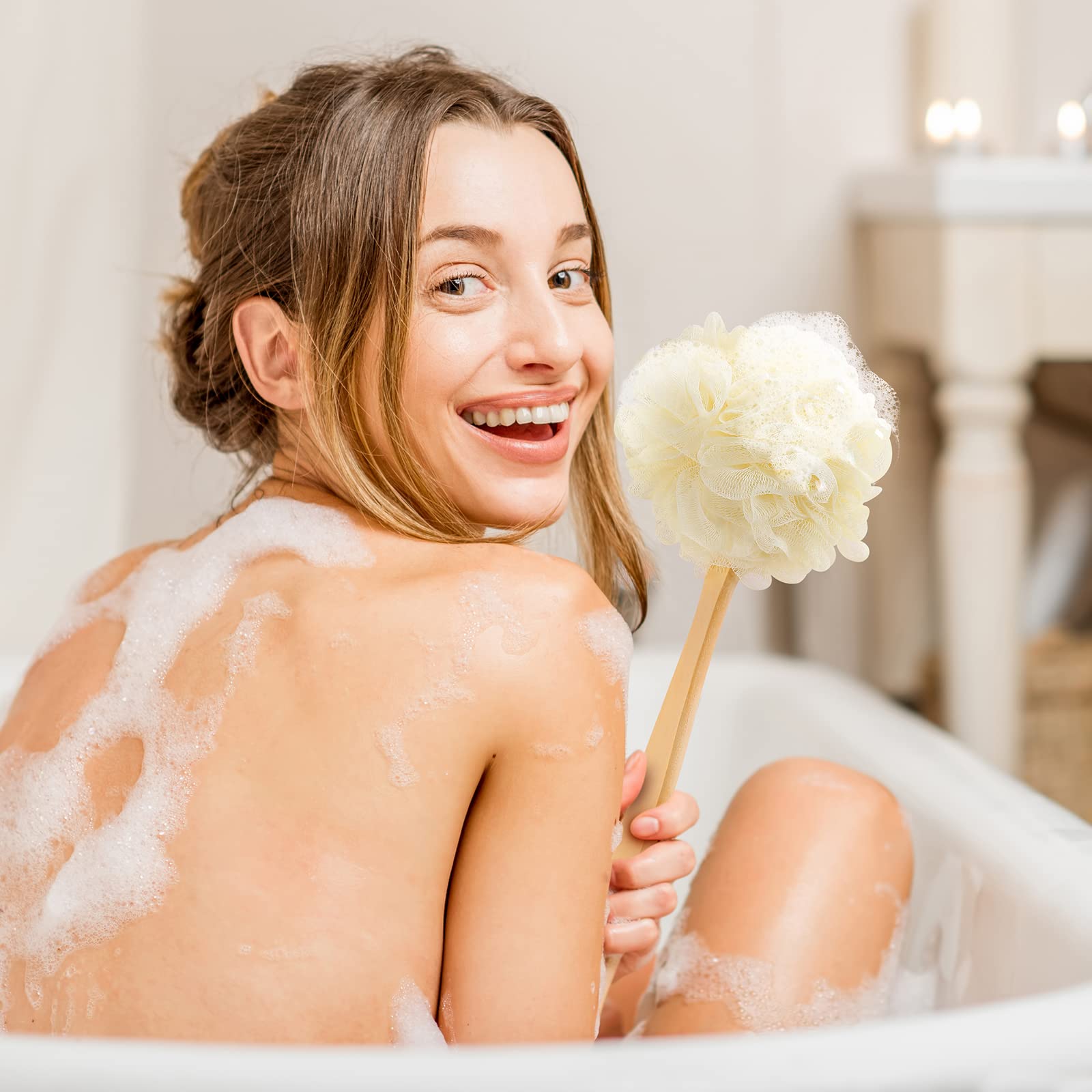 D Loofah on a Stick, Exfoliating Lufa Back Scrubber for Shower, Shower Sponge with Long Handle, Handheld Bath Body Brush for Men and Women, Beige
