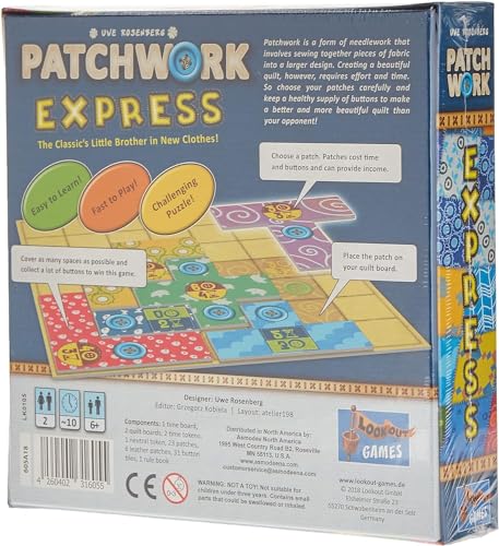 Patchwork Express Board Game - Fast-Paced Two-Player Quilting Strategy Game! Interactive Puzzle Game for Kids & Adults, Ages 6+, 2 Players, 20 Minute Playtime, Made by Lookout Games