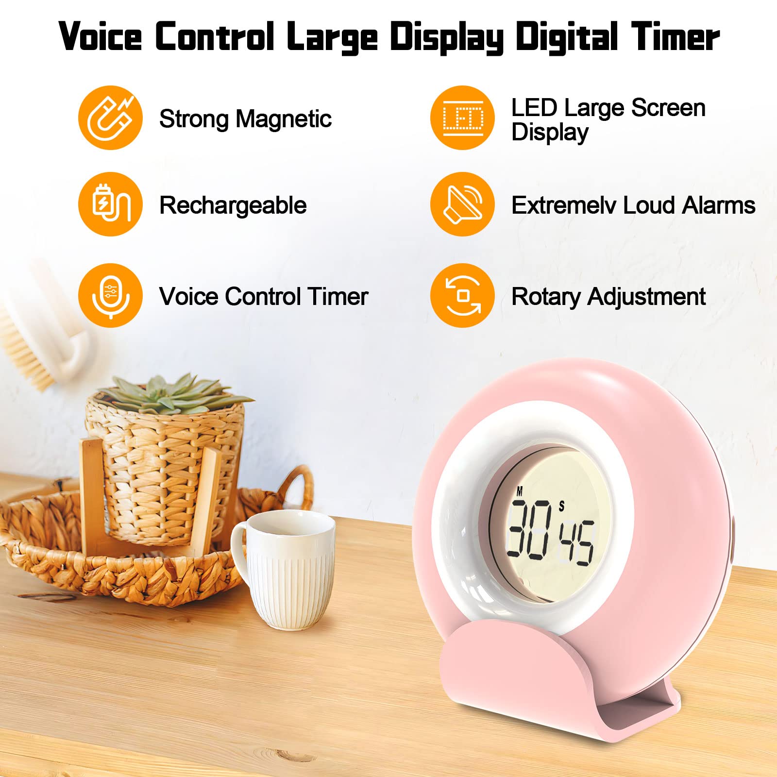 Digital Kitchen Timers - Smart Voice Control Timer, Visual timers Large LED Display Magnetic Countdown Timers for Classroom Cooking Fitness Baking Studying Teaching,Easy for Kids and Seniors(Pink)
