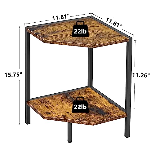 HOMCENES Corner Shelf Stand, Industrial 2 Tier Wall Corner Bookshelf with Metal Frame, Corner Display Rack Plant Flower Shelf, Corner Shelves for Living Room Decor, Bedroom, Bathroom, Rustic Brown