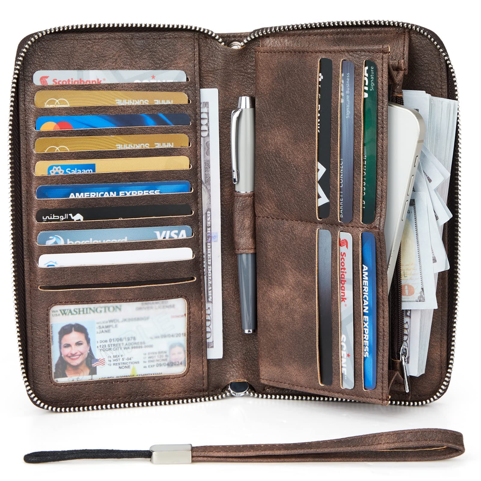Telena Leather Wallets for Women Slim Zip Around Wristlet Clutch Purse Large Phone Holder Retro Coffee