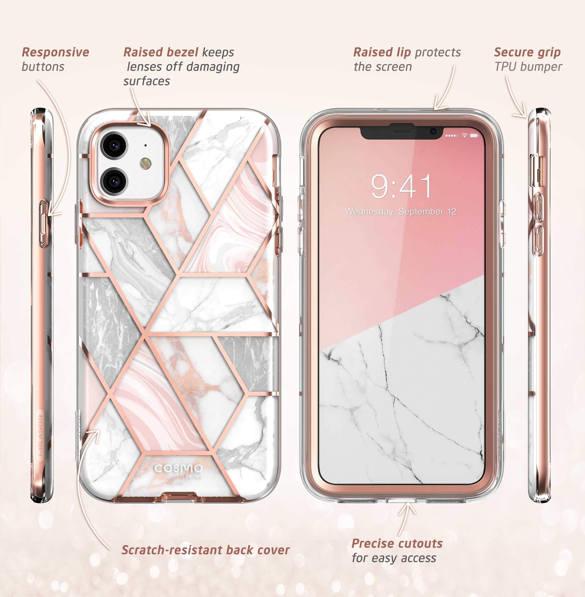 i-Blason Cosmo Series Case for iPhone 11 (2019 Release), Slim Full-Body Stylish Protective Case with Built-in Screen Protector, Marble, 6.1''