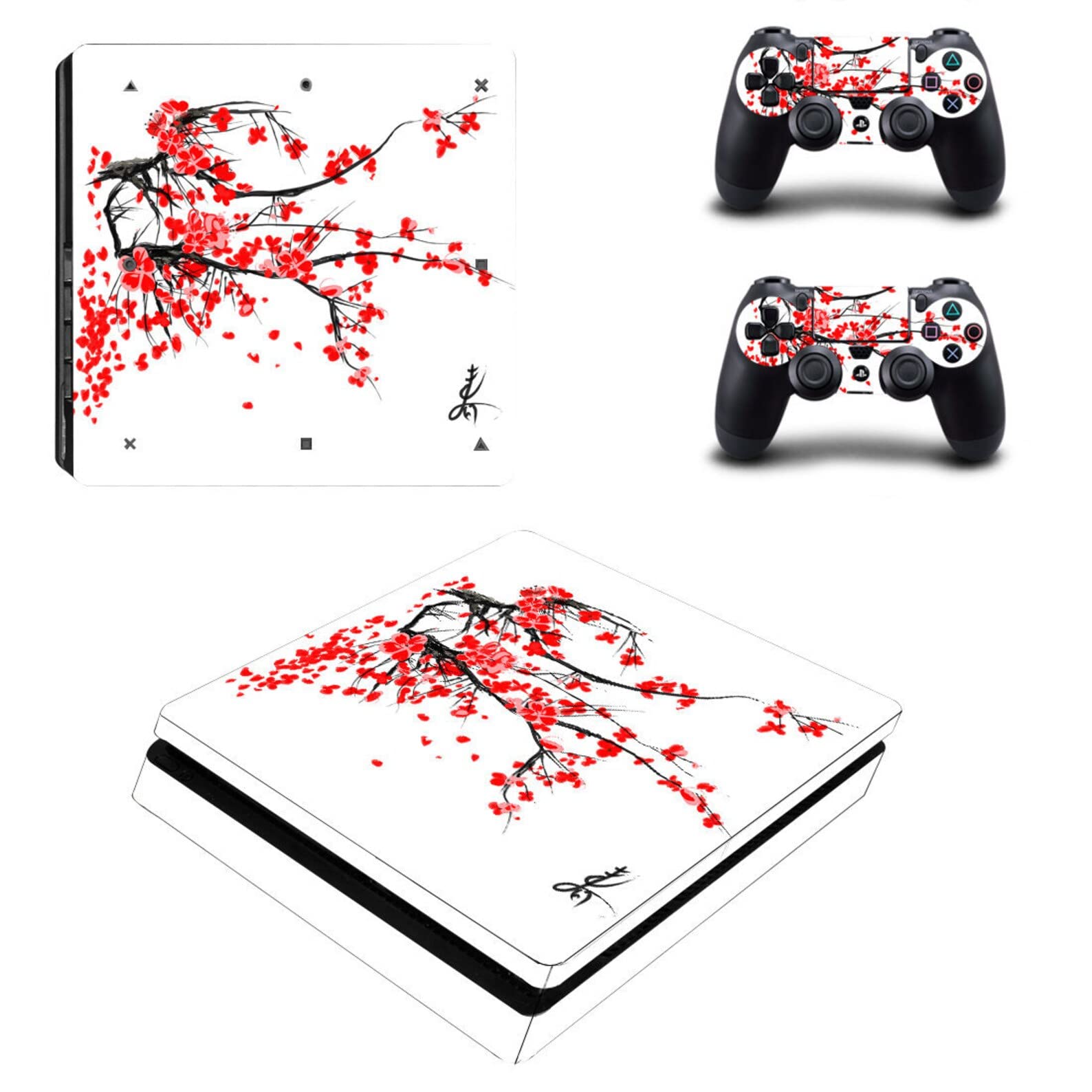 ZOOMHITSKINS Compatible with PS4 Slim Skin, Japan Cherry Blossom Sakura Samurai Art, Durable & Fit, 3M Vinyl, Made in The USA