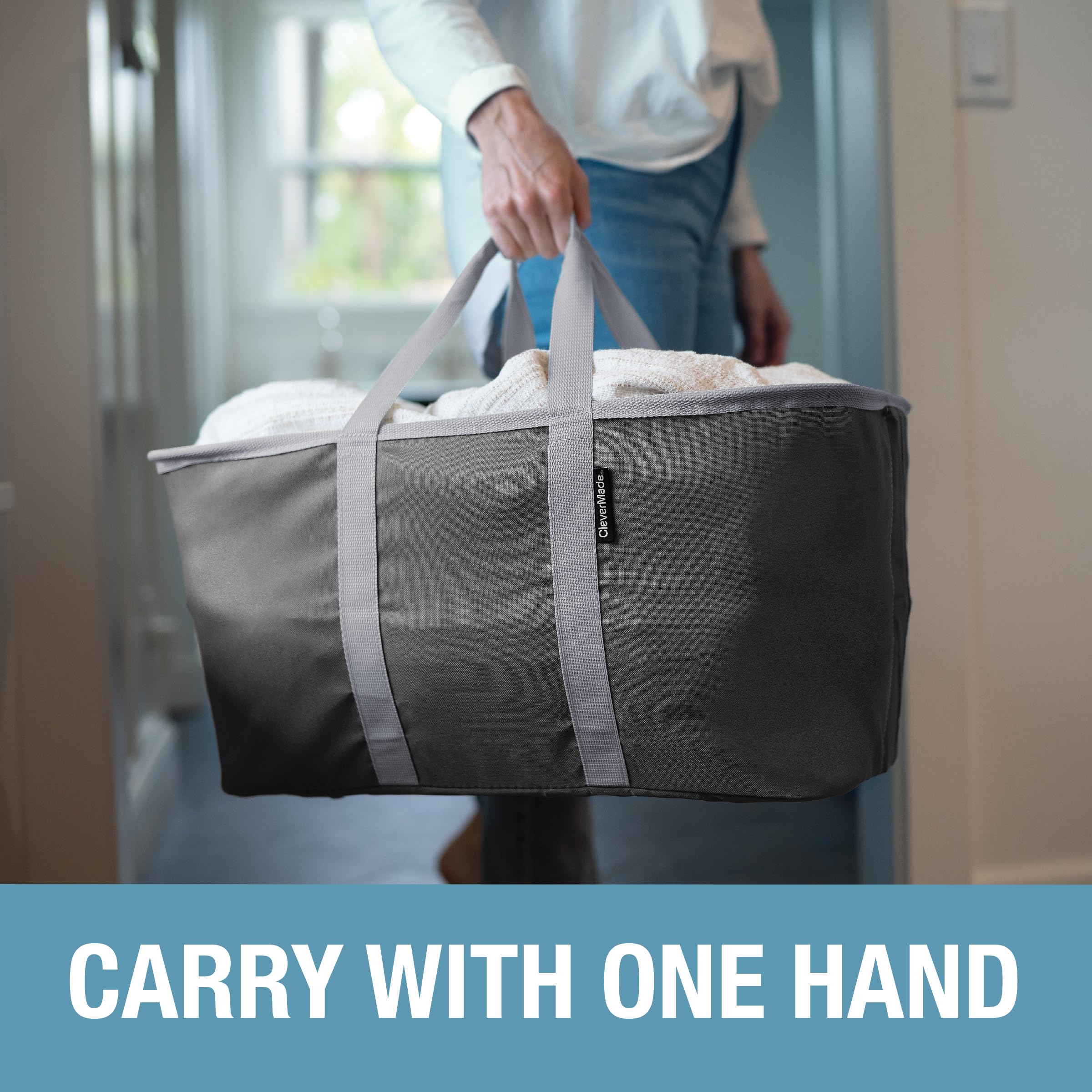 CleverMade Collapsible Laundry Tote, Denim/Charcoal 2PK - 50L (13 Gal) Collapsible Laundry Baskets with Sturdy Pop-Up Wire Frame and Long Carry Handles - Space-Saving Collapsible Hamper