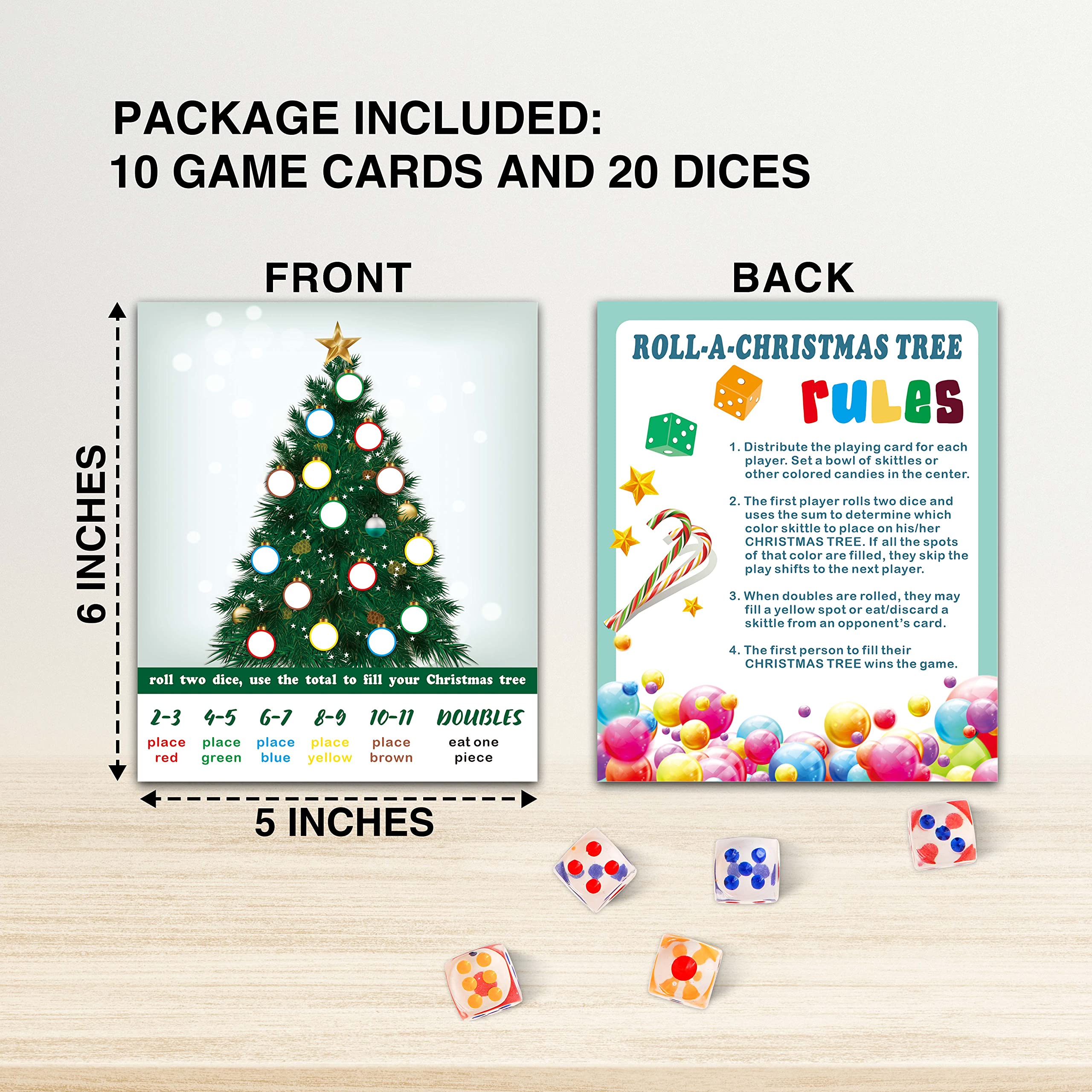 Christmas Party Roll The Dice Game, Kids Table Game, 10 Play Cards 20 Transparent Dices - 5 x 6 inches(MMgame-A003)