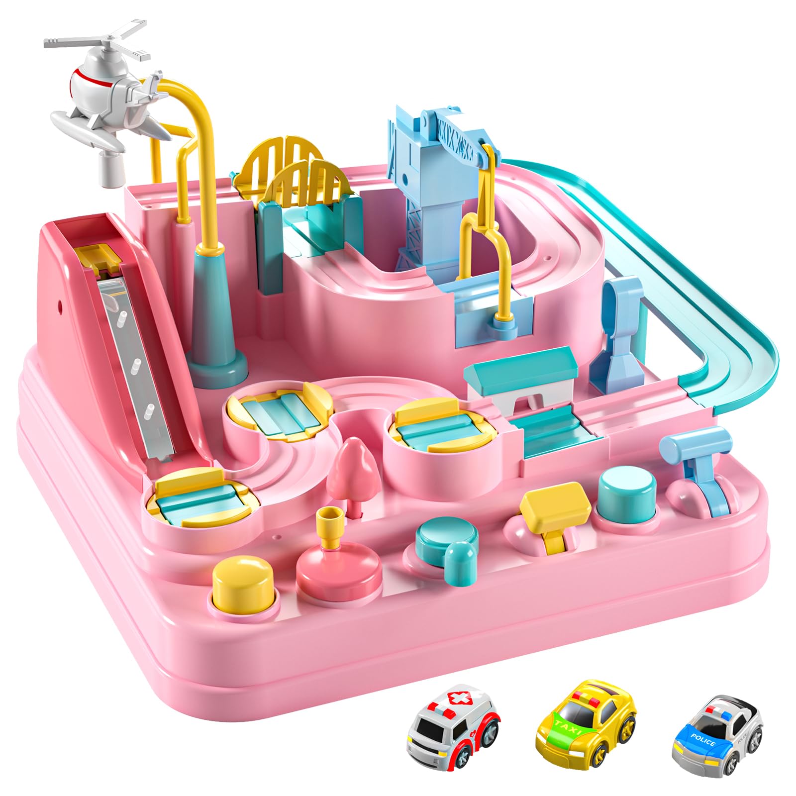 TEMI Car Toys for Girls - Race Track for Toddlers 3-7 Years Old, Puzzle Rail Car, City Magnet Toys with 3 Small Cars, Educational Games Birthday Gifts for Kids