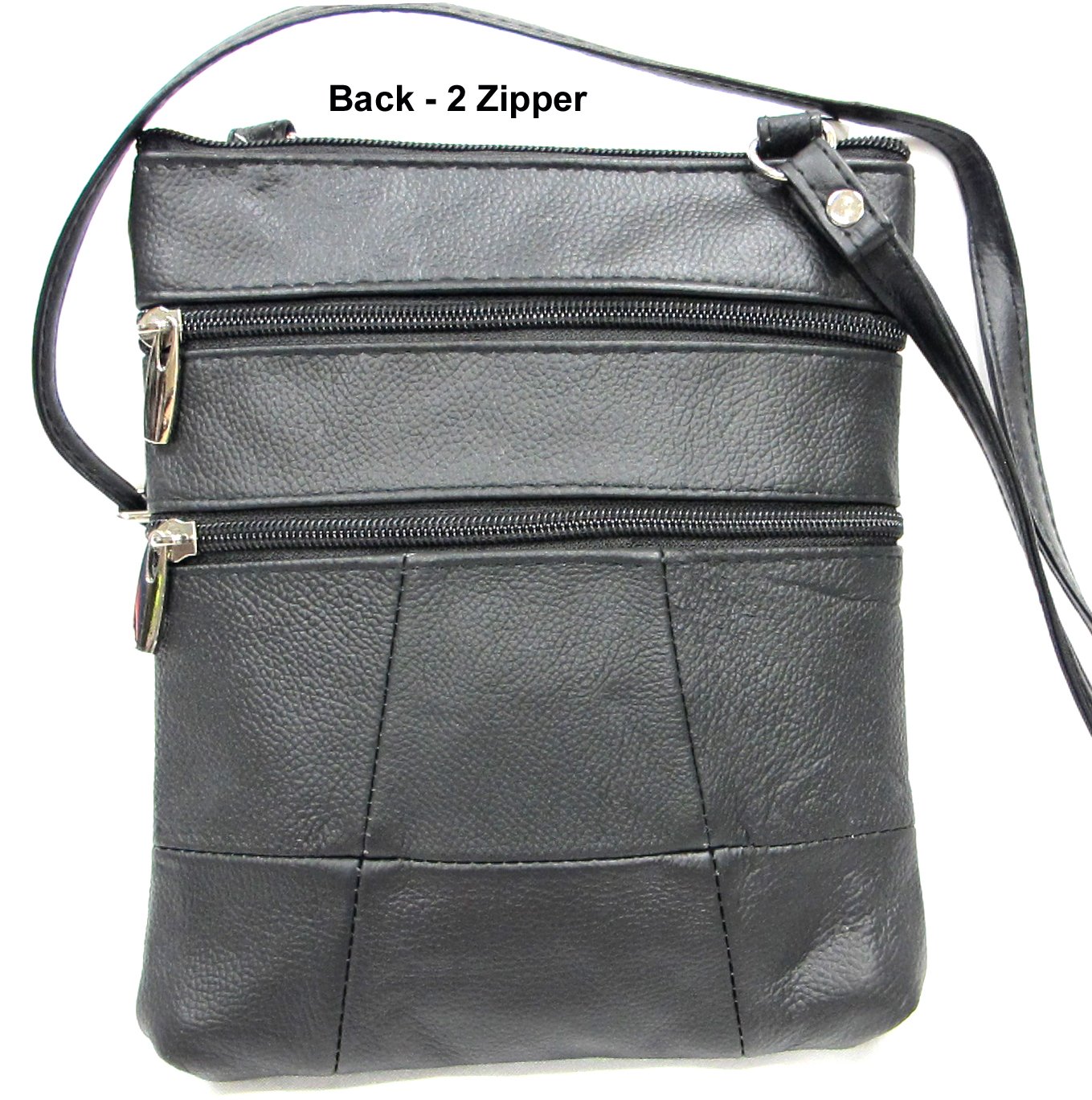 Lady's 5 Zipper Pocket 100% Leather Cross Body Slim Purse Paisley Lining- 5 Color (Black)