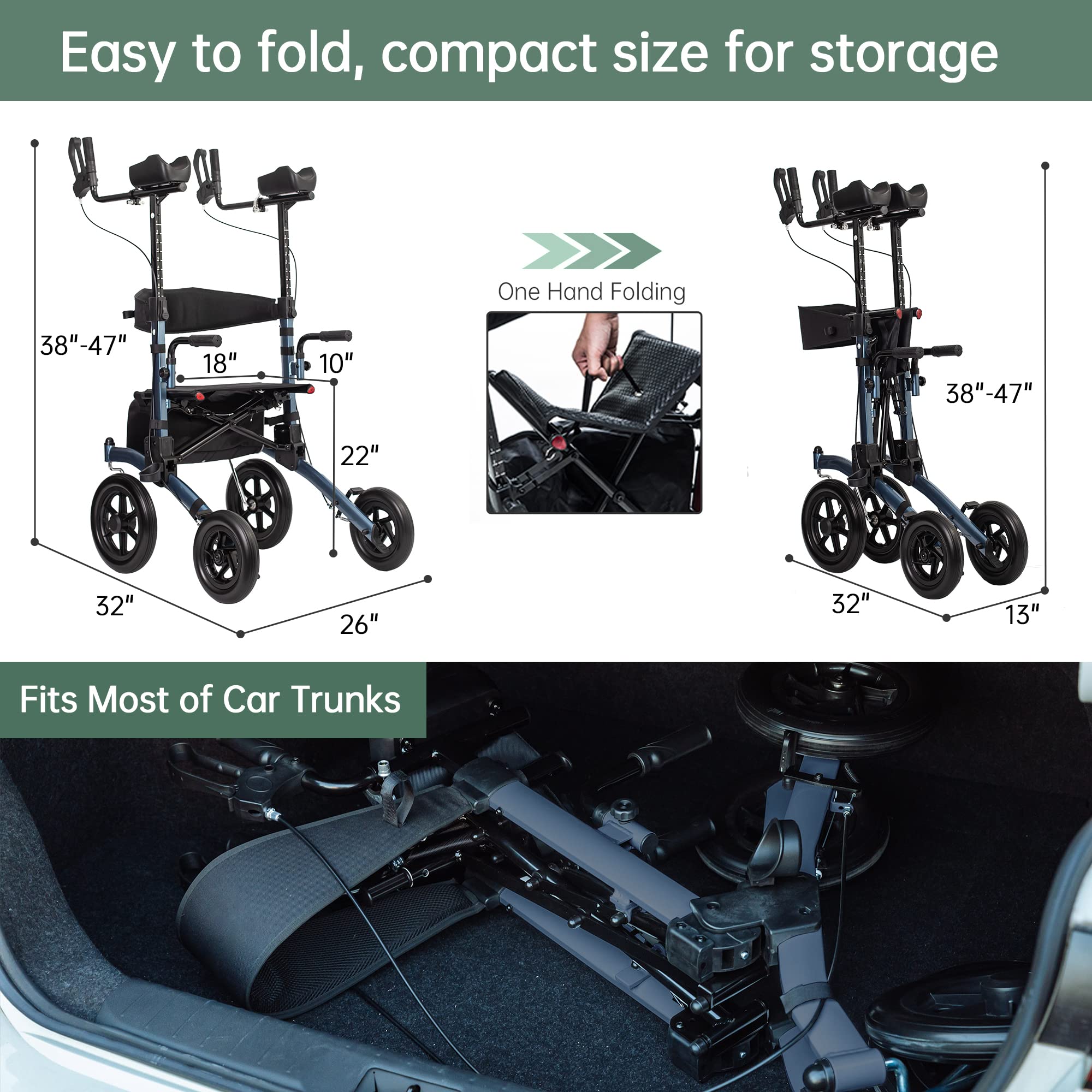 BEYOUR WALKER All-Terrain Upright Rollator Walker, Stand Up Rolling Walker with Non-Pneumatic Tire 12” Front Wheels, Compact Folding for Seniors, Blue