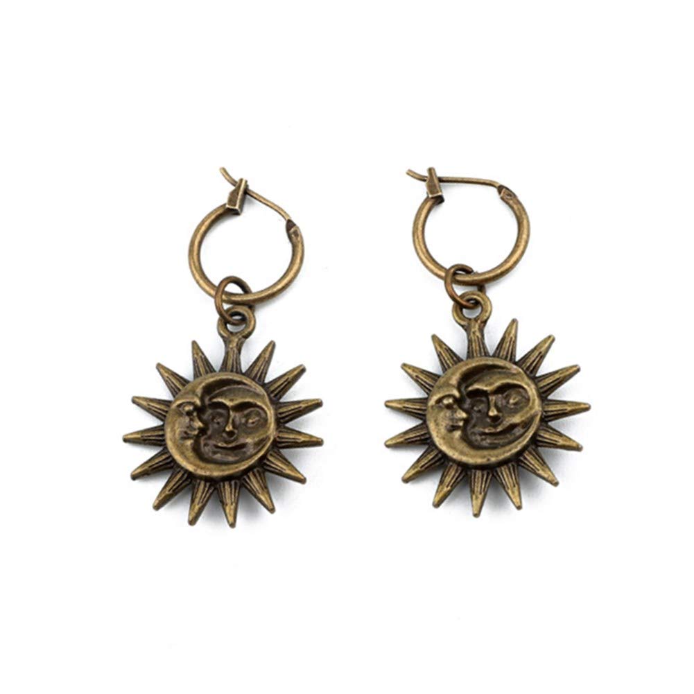 Bronze colored Moon and Sun face Pendant Charms tassel Earring antique brass big Sun charm Hook Hoop Dangle Earrings