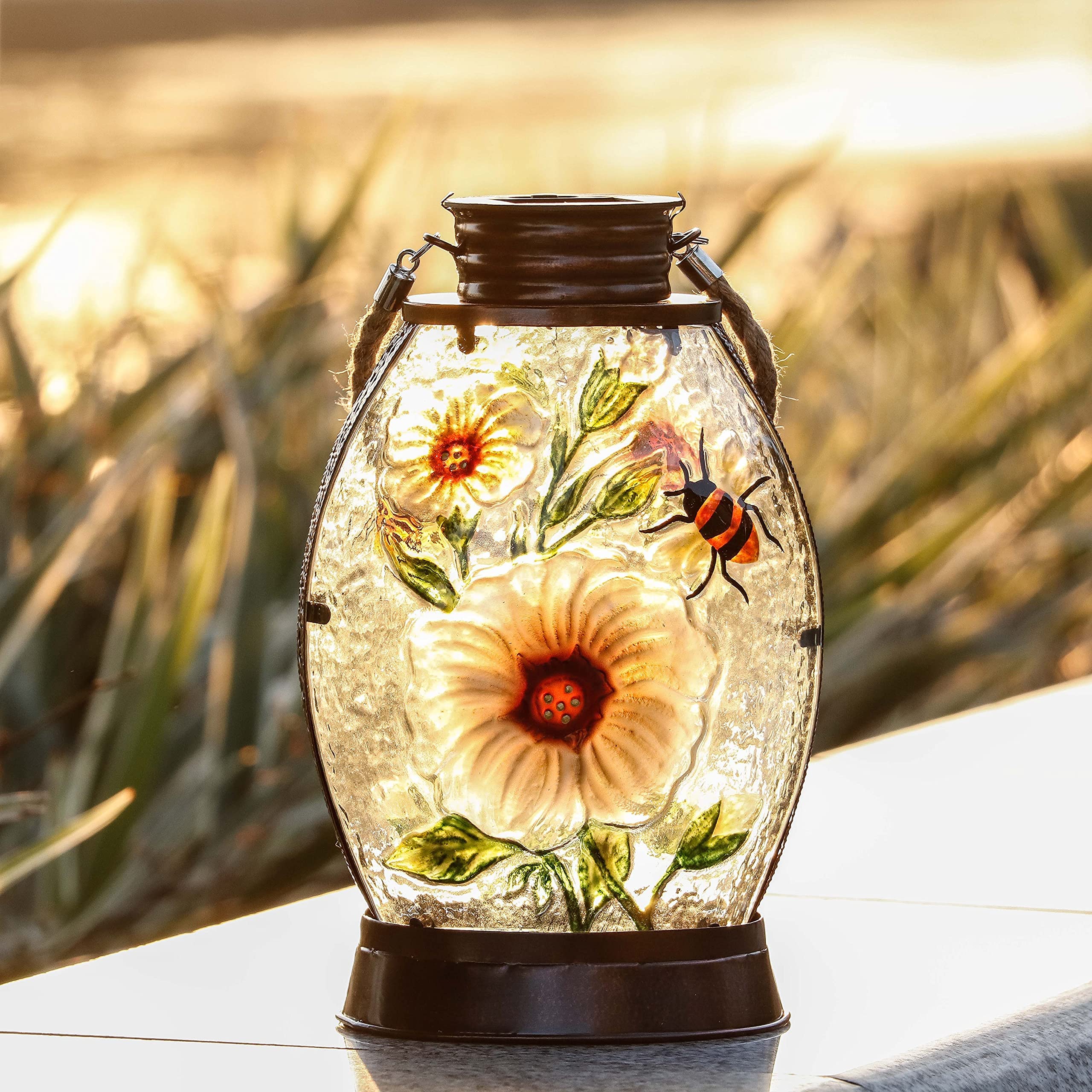 TERESA'S COLLECTIONS Glass Decorative Hanging Outdoor Solar Lanterns Bundle(2PCS) | Bee Gathering Honey Lantern and Blue Heron Lantern for Home Garden Patio Lawn Yard Decor