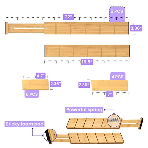 NuStar Technology 6 Pack Bamboo Drawer Dividers with 12 inserts – 16.3-22 Inches Expandable and Adjustable Drawer Dividers for Baby Clothes, Kitchen, Office, Organizer, with Non-Skid Grip