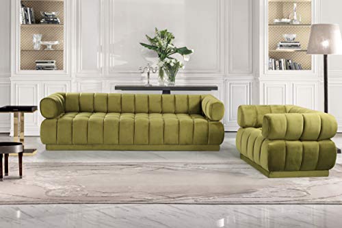 Iconic Home Quebec Sofa Velvet Upholstered Vertical Channel-Quilted Shelter Arm Tufted Design Modern Contemporary, Green