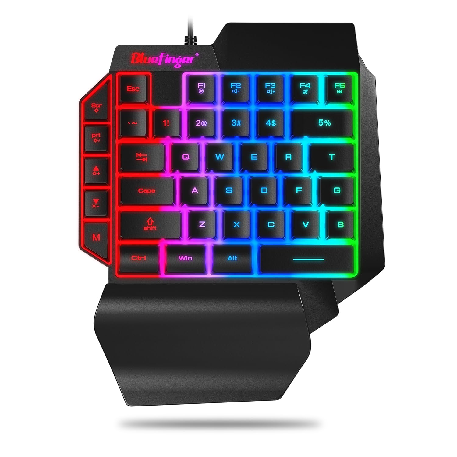 BlueFinger RGB One Hand Mechanical Gaming Keyboard and Backlit Mouse Combo,USB Wired Rainbow Letters Glow Single Hand Mechanical Keyboard with Wrist Rest Support, Gaming Keyboard Set for Game