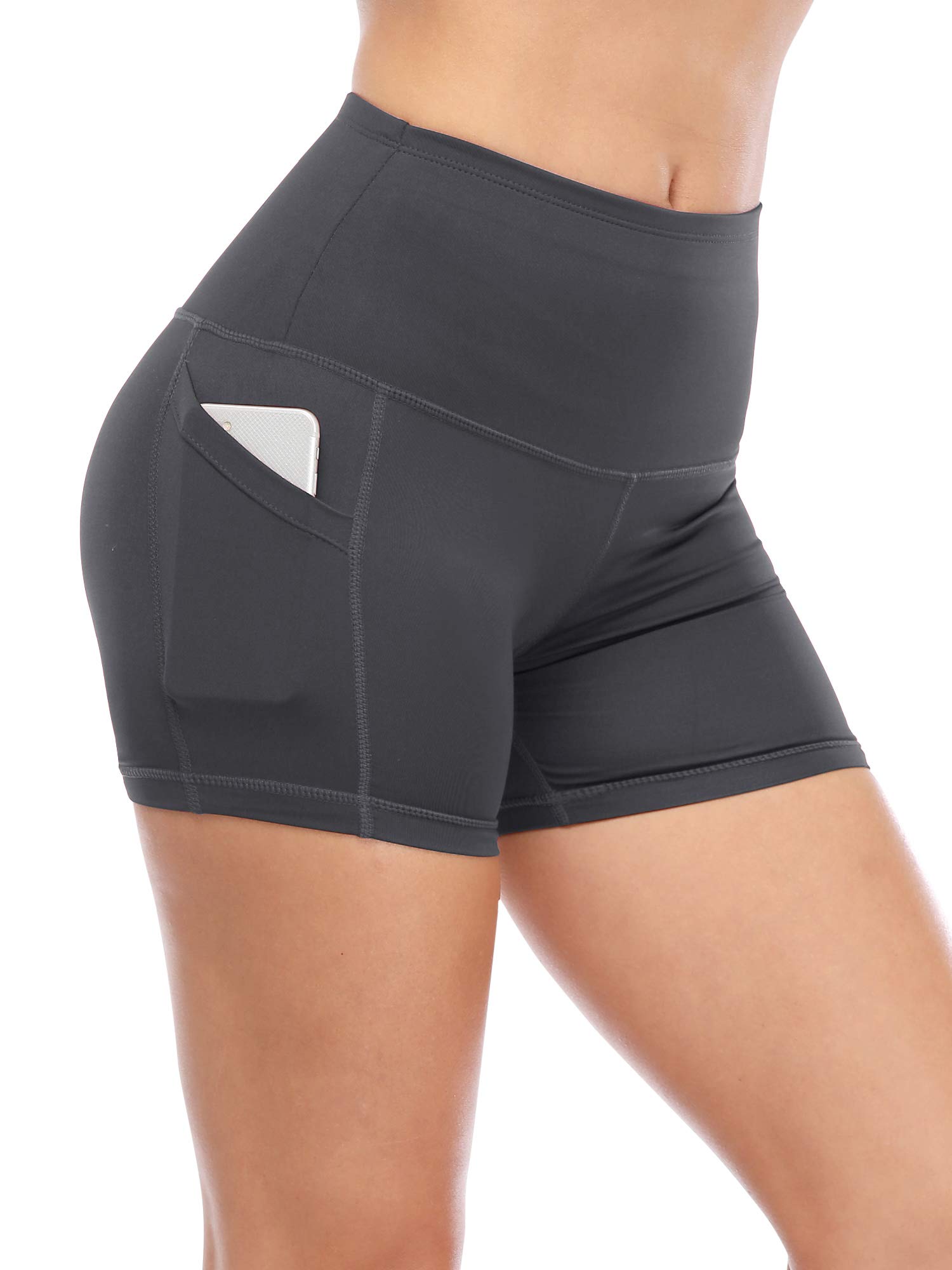 CADMUS High Waist Athletic Shorts for Womens Yoga Fitness Workout Running Shorts with Deep Pockets,3 Pack,1016,Black & Grey & Wine Red,Large