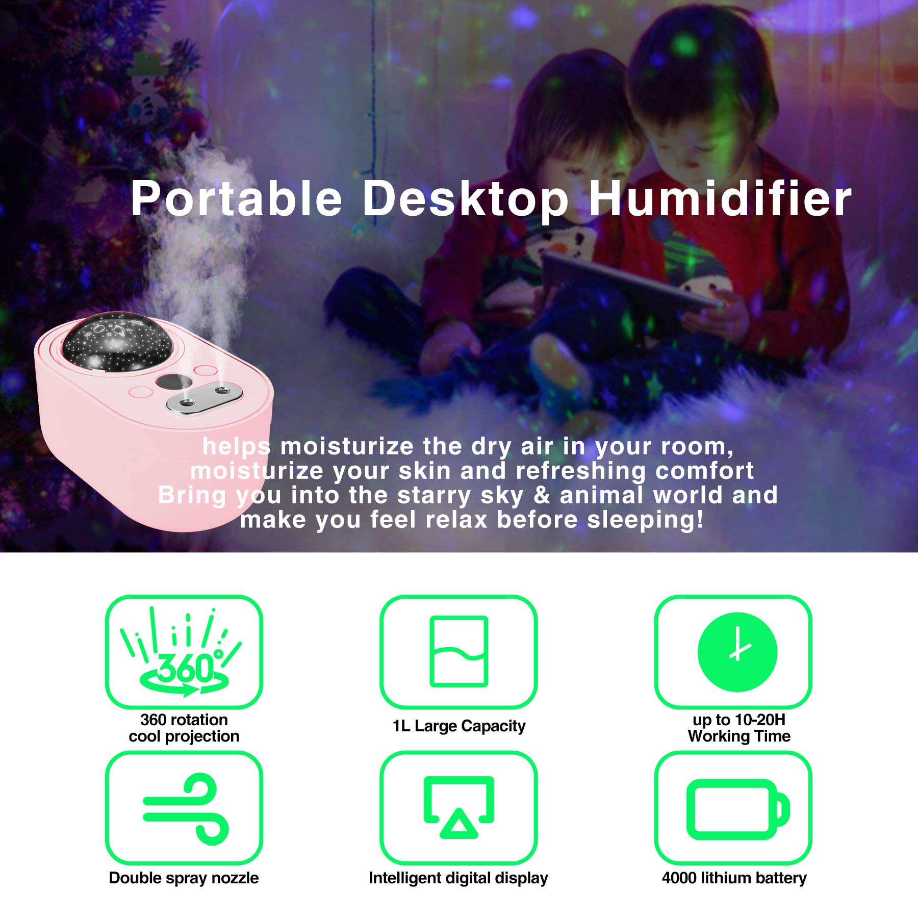 Cool Mist Humidifier With Star Night Light Projector for Kids Room, Ultrasonic Humidifiers for Bedroom, 1L Mini Humidifier with Dual Mists for Kids, Babies, Home, Office, Automatic Shut-Off