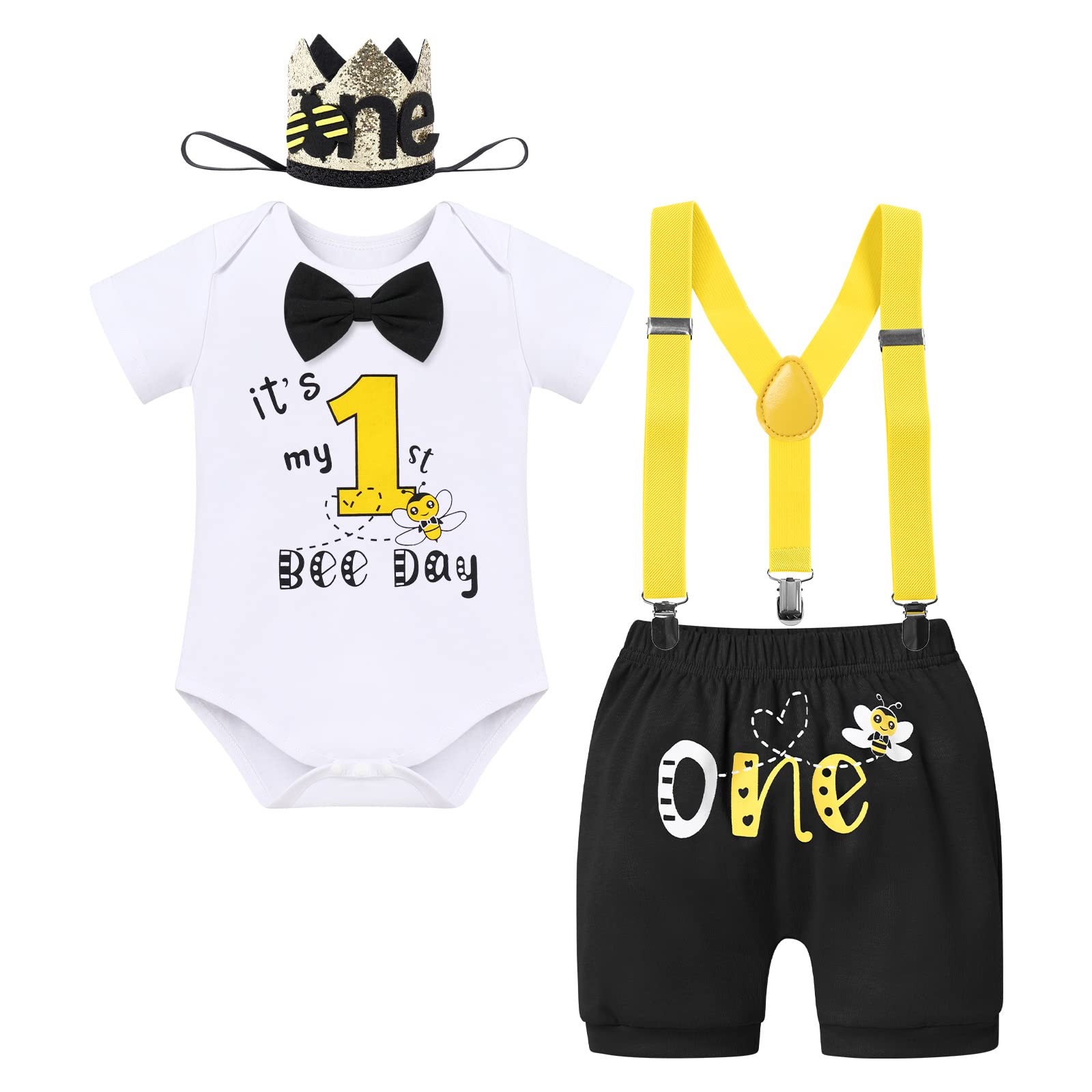 It's My 1st Bee Day Baby Boy First Birthday Clothes Infant Boy Bow Tie Romper Bodysuit Cake Smash Shorts Pants Y-Back Suspenders Photo Shoot Outfits Black-Bowtie It's my 1st bee day 12-18 Months