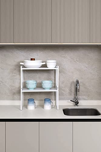 Nxconsu 2Pack Stackable Cabinet Shelf Organizer Storage Rack Shelf Riser for Kitchen Pantry Cupboard Bathroom Under Sink Counter Countertop Desk Space Saver Freestanding Heavy Duty Nonslip White Tall