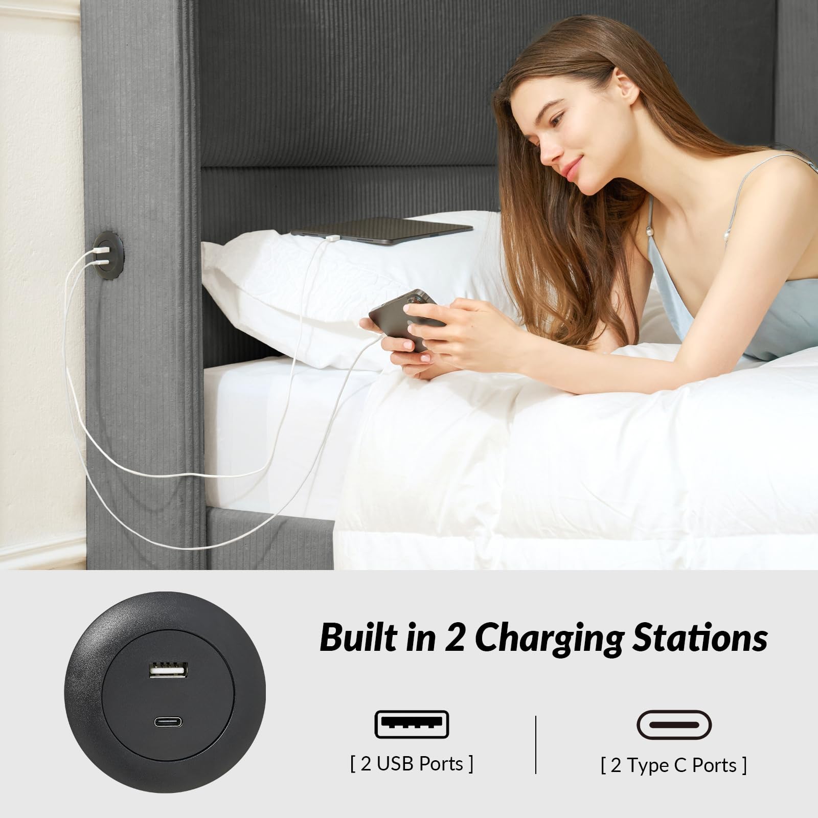 EcoHarbor Lift up Storage Bed Queen with 2 Charging Stations Underneath Corduroy Upholstered Wingback Headboard Hydraulic Bed Frame Queen Size with Storage Noise-Free/No Box Spring Needed (Cream)