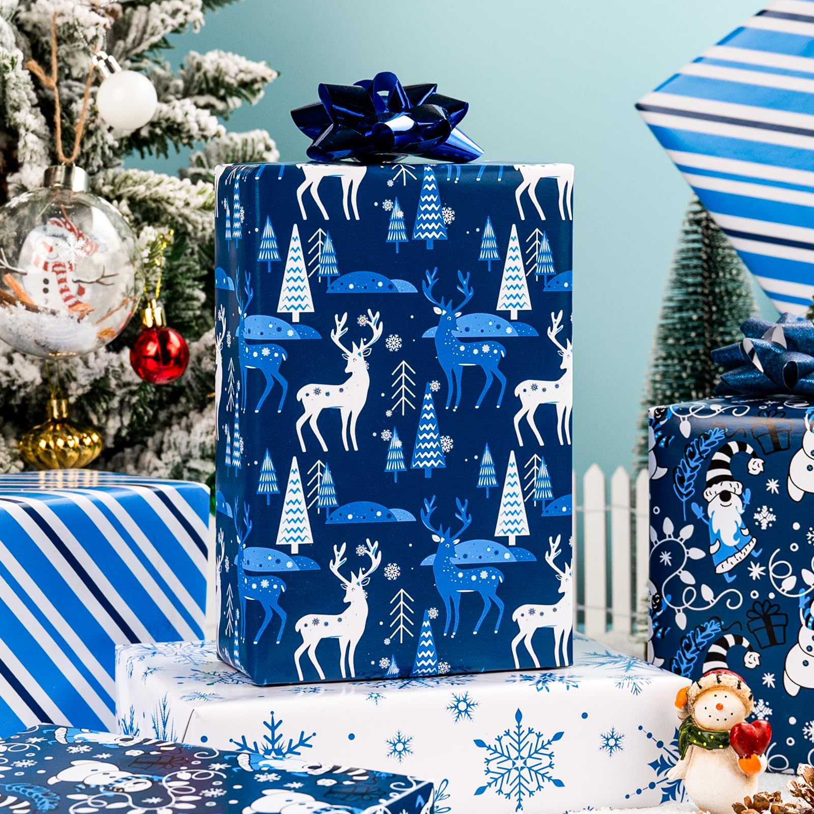 Flyhill Jumbo Christmas Wrapping Paper Bundle with Gridlines-30 In X120 In-4 Roll-Snowmen & Santa Claus & Snowflakes & Reindeer & White Stripes & Tree for New Year,Birthday,Holiday