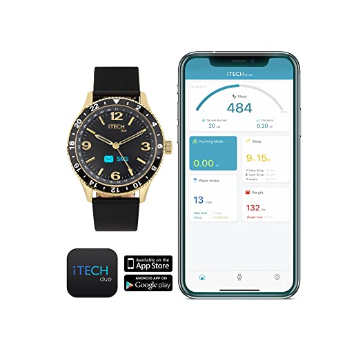 Itech Duo Smartwatch Fitness Tracker Step Counter Sleep Monitor Connected GPS Notifications for Women & Men up to 10 Day Battery Compatible w Android & iOS (Black), ITD3674G01I-D02
