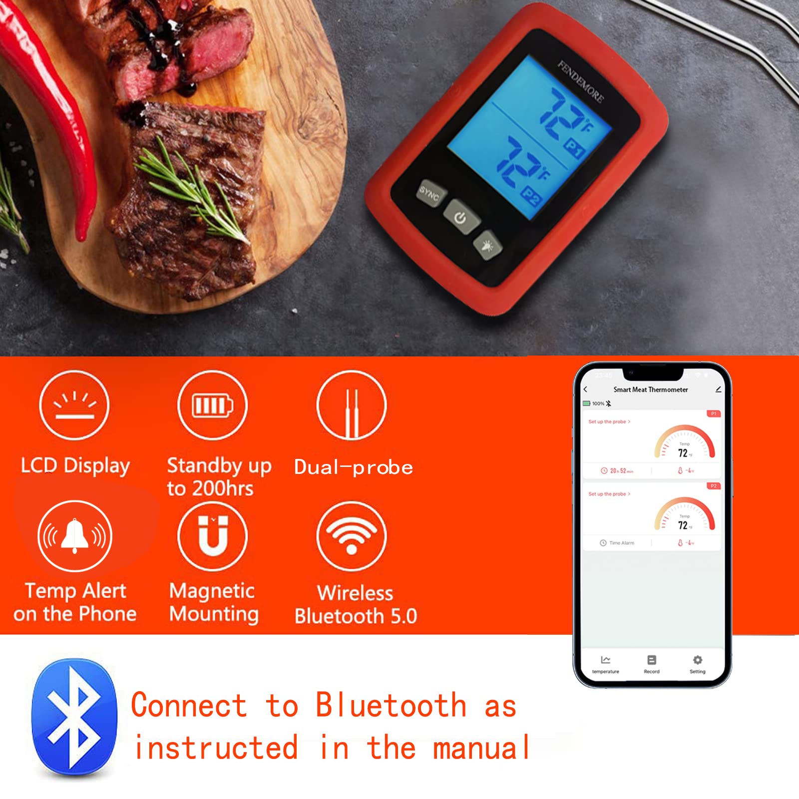 Digital Meat Thermometer, Wireless Bluetooth and Instant Read BBQ Thermometer, for Oven, Kitchen Cooking, Grilling, Candy Making, Gifts.