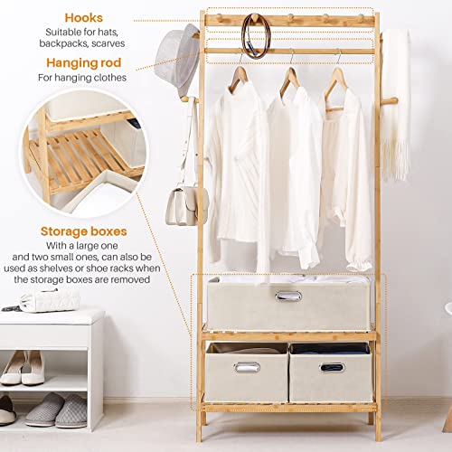 Homde Bamboo Clothing Rack with 3 Storage Box, Garment Rack Clothes Racks for Hanging Clothes, Standing Wardrobe Storage Rack with 2 Organizer Shelves, Portable, Natural