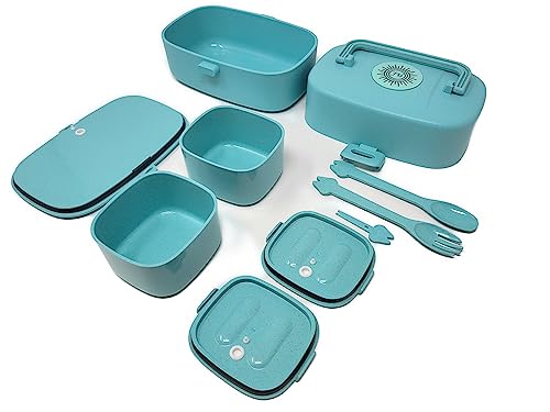 Flatbush Goods Kids Wheat Straw 2 layer Bento Lunch Box with Handle, 3 Compartments, 2 Utensils, and 2 Leakproof Cups, Eco-Friendly, Sustainable and Dishwasher Safe (Blue)
