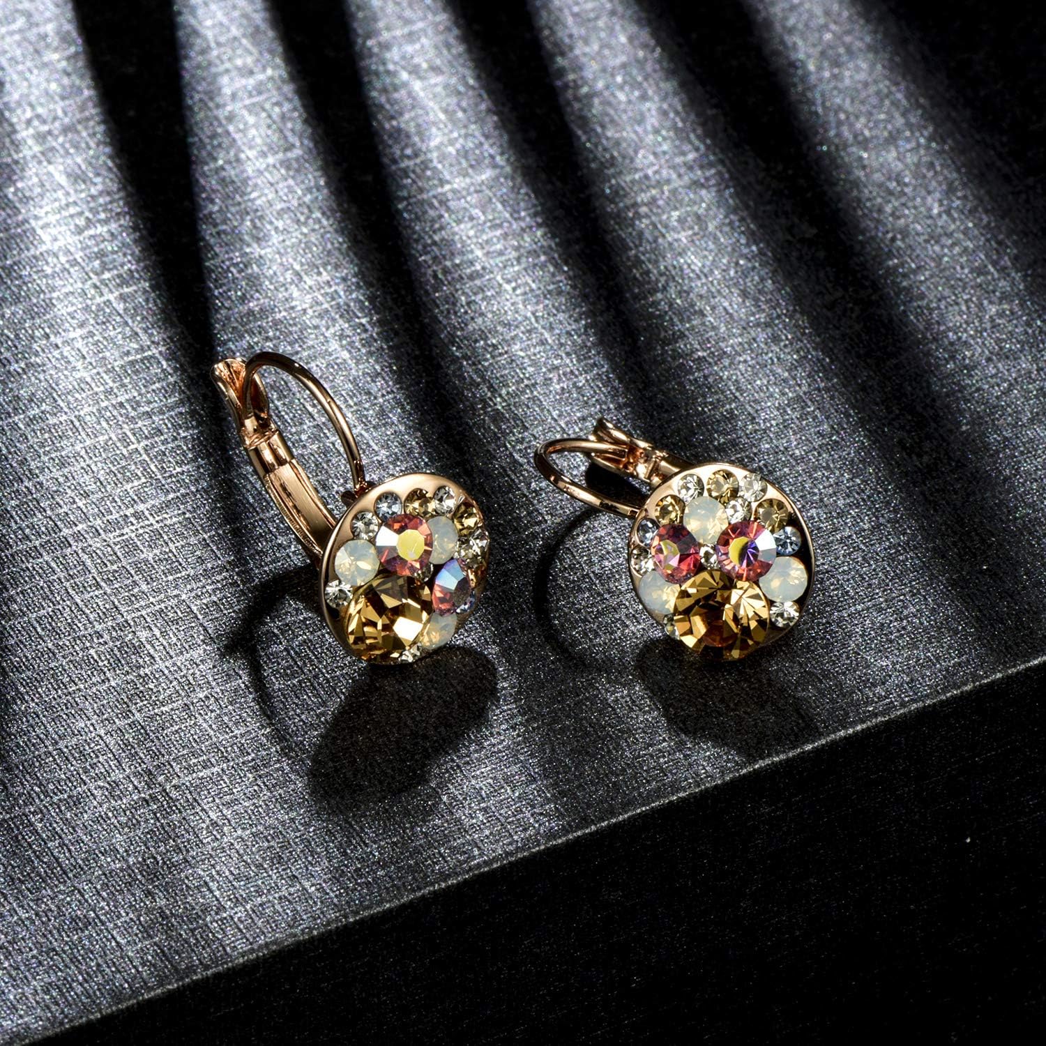 Multicolored Austrian Crystal Drop Earrings for Women 14K Gold Plated Hypoallergenic Leverback Dangle Earrings (Yellow Main Crystal/Rose Gold-tone)