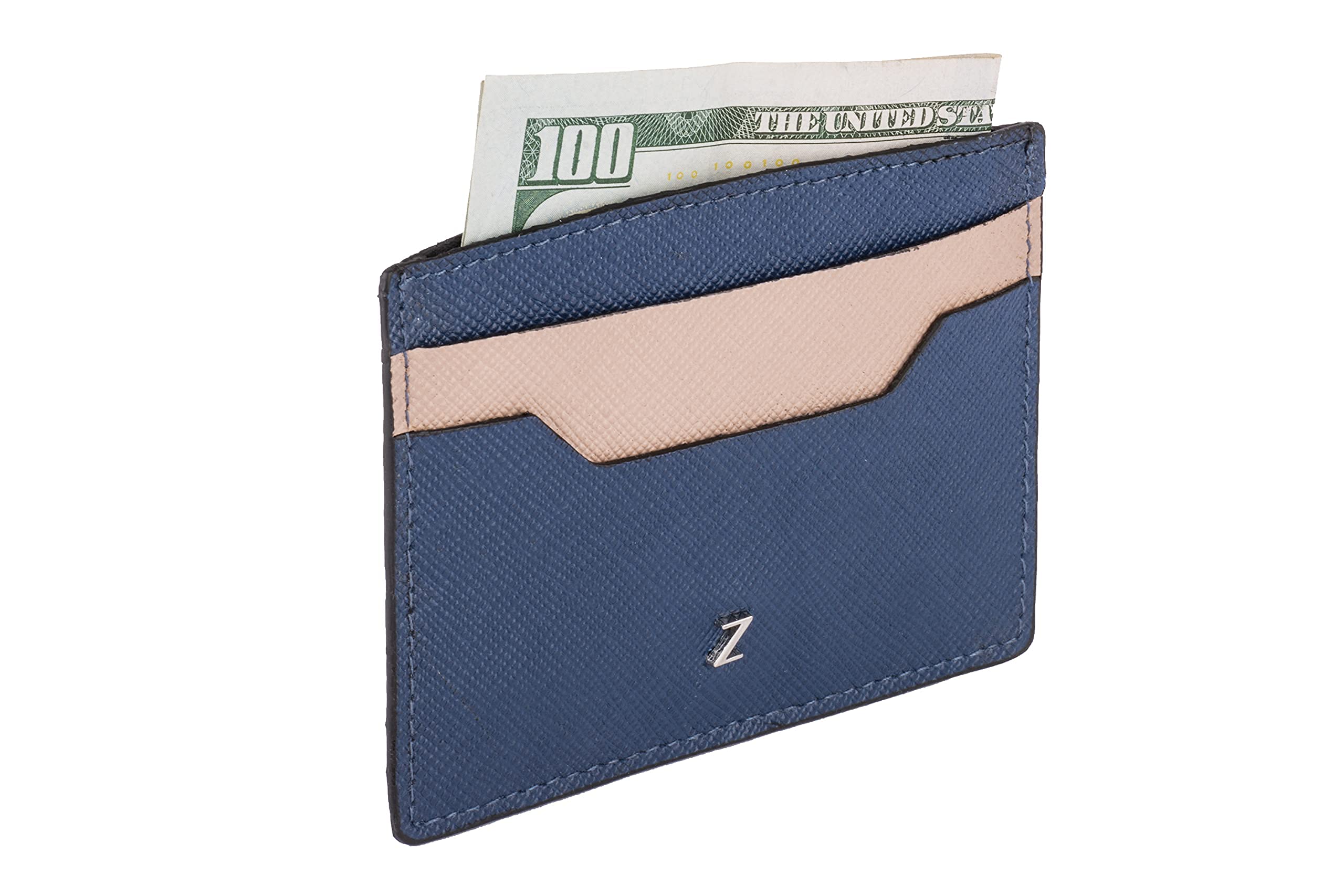 Zinda Genuine Leathers Card Holder Unisex Slim Wallet RFID Protection (Blue/Beige)