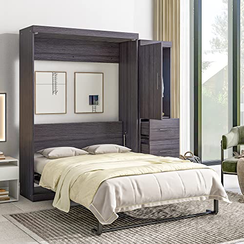 NCKMYB Full Size Murphy Bed Storage Cabinet, Wood Murphy Bed with Wardrobe and Drawers, can be Folded into a Cabinet, Suitable for Small Room Living Room/Bedroom